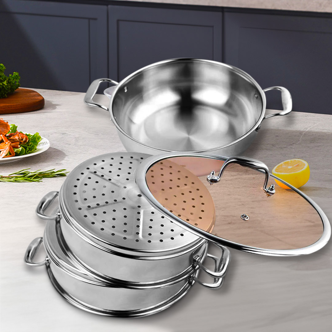 2X 3 Tier 30cm Stainless Steel Food Steamer #60669 | DesiClik.com, USA