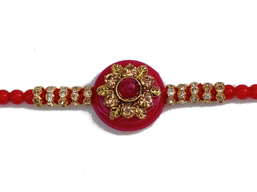 Classy RAKHI W/ an Embedded Ruby Like Stone W/ Red beads + Roli ...