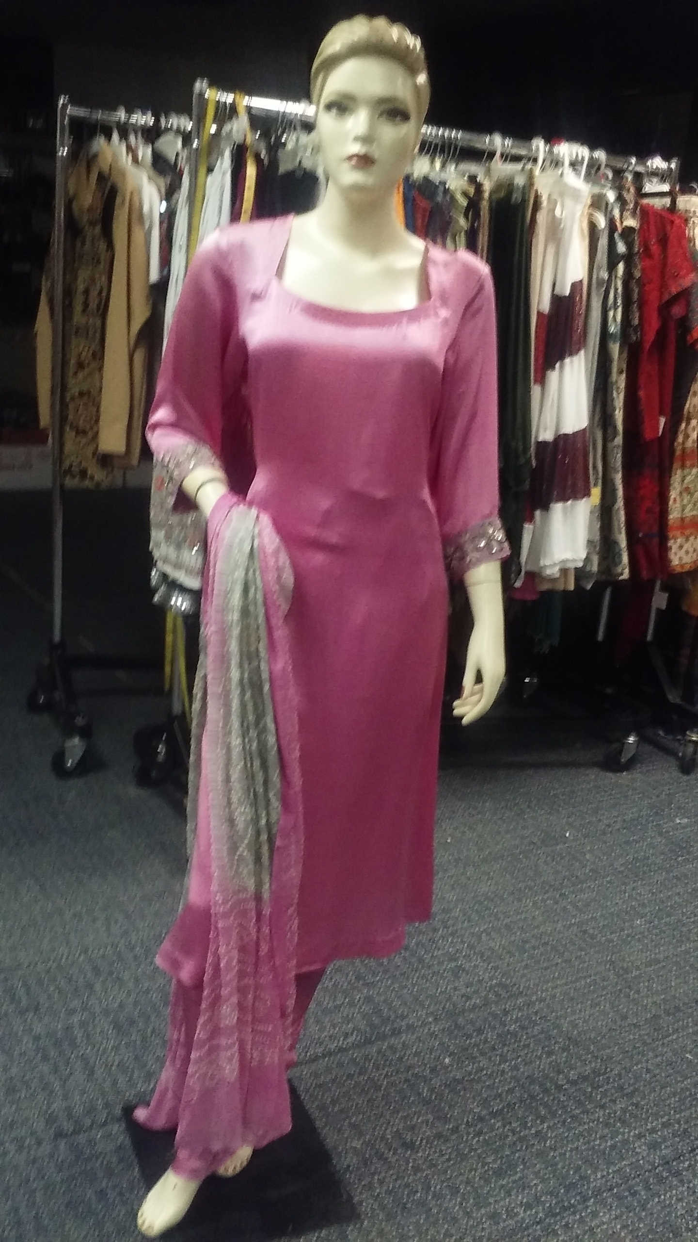 Shimmering Pure Silk Pink Salmon Designer Churidar Suit (L), Salwar ...