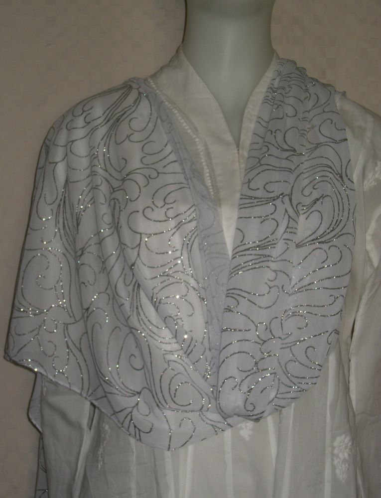 Jersey White Glitter Dupatta Chunni Stole #56827 | DesiClik.com, USA