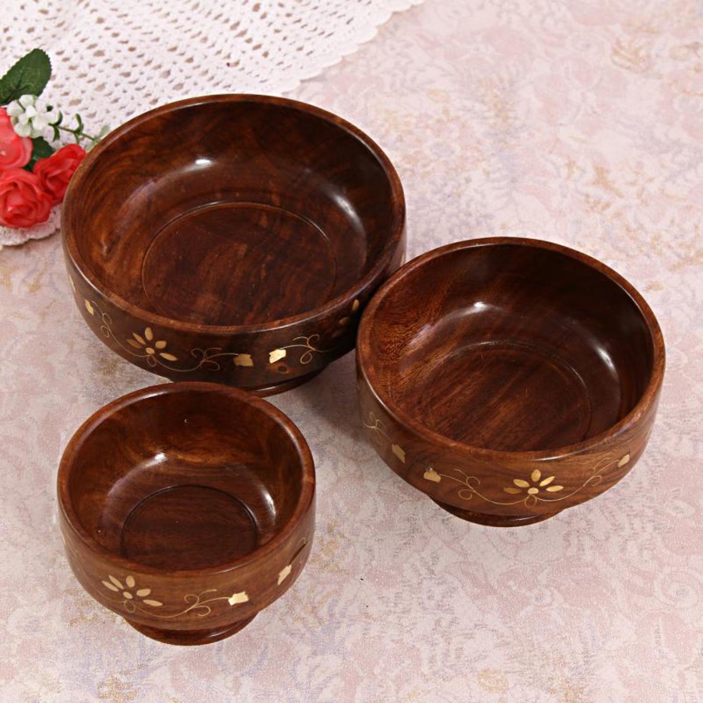 Wooden Glossy Finish Fancy Set of 3 Bowl Set #29823 | DesiClik.com, USA