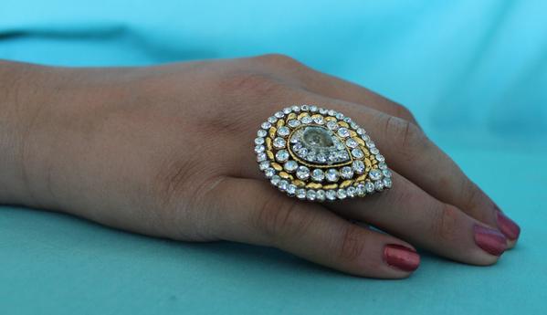 Finger Rings, Large Golden Indian Finger Ring w/ Crystal Work #37084 ...