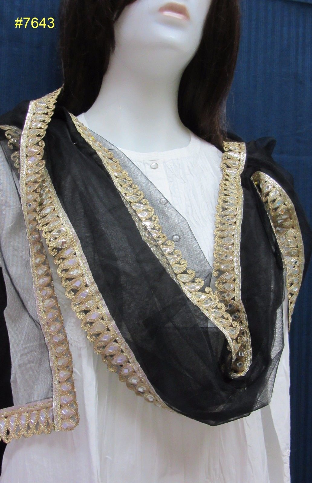 Black Net Dupatta Chunni w Golden Trim #26091 | DesiClik.com, USA