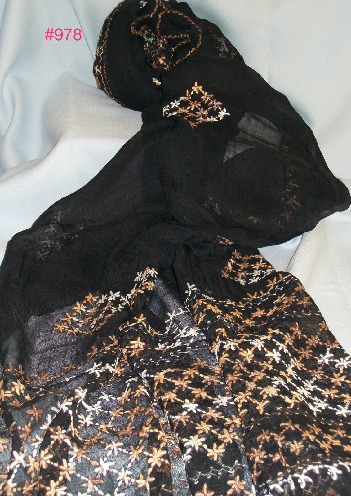 Black Chiffon Phulkari Dupatta Scarf (Chunni) #25530 | DesiClik.com, USA