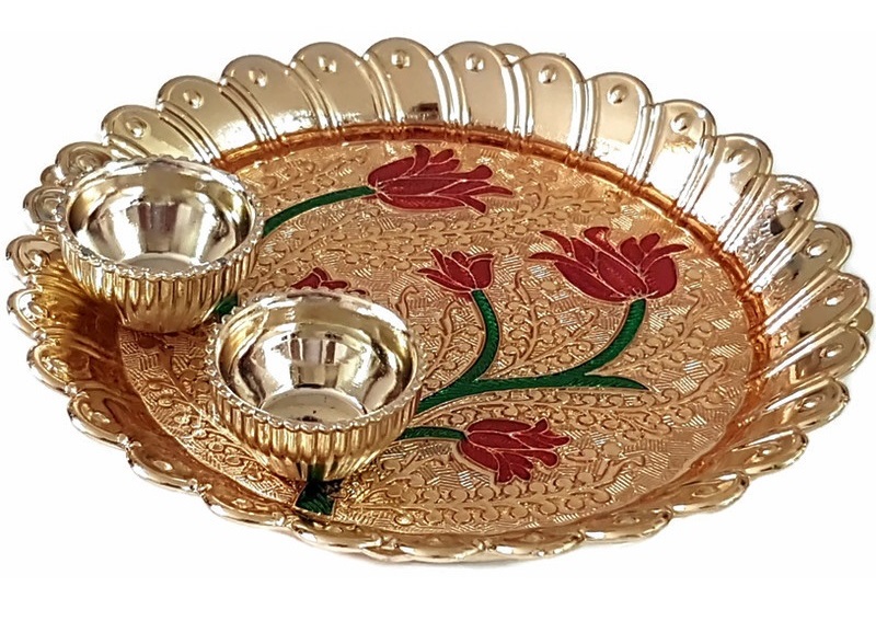 4" Fancy Golden Sindoor Kankavati in Round Plate w/ 2 Vati #38280 ...