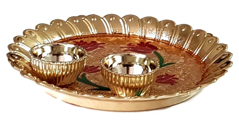 4" Fancy Golden Sindoor Kankavati in Round Plate w/ 2 Vati #38280 ...