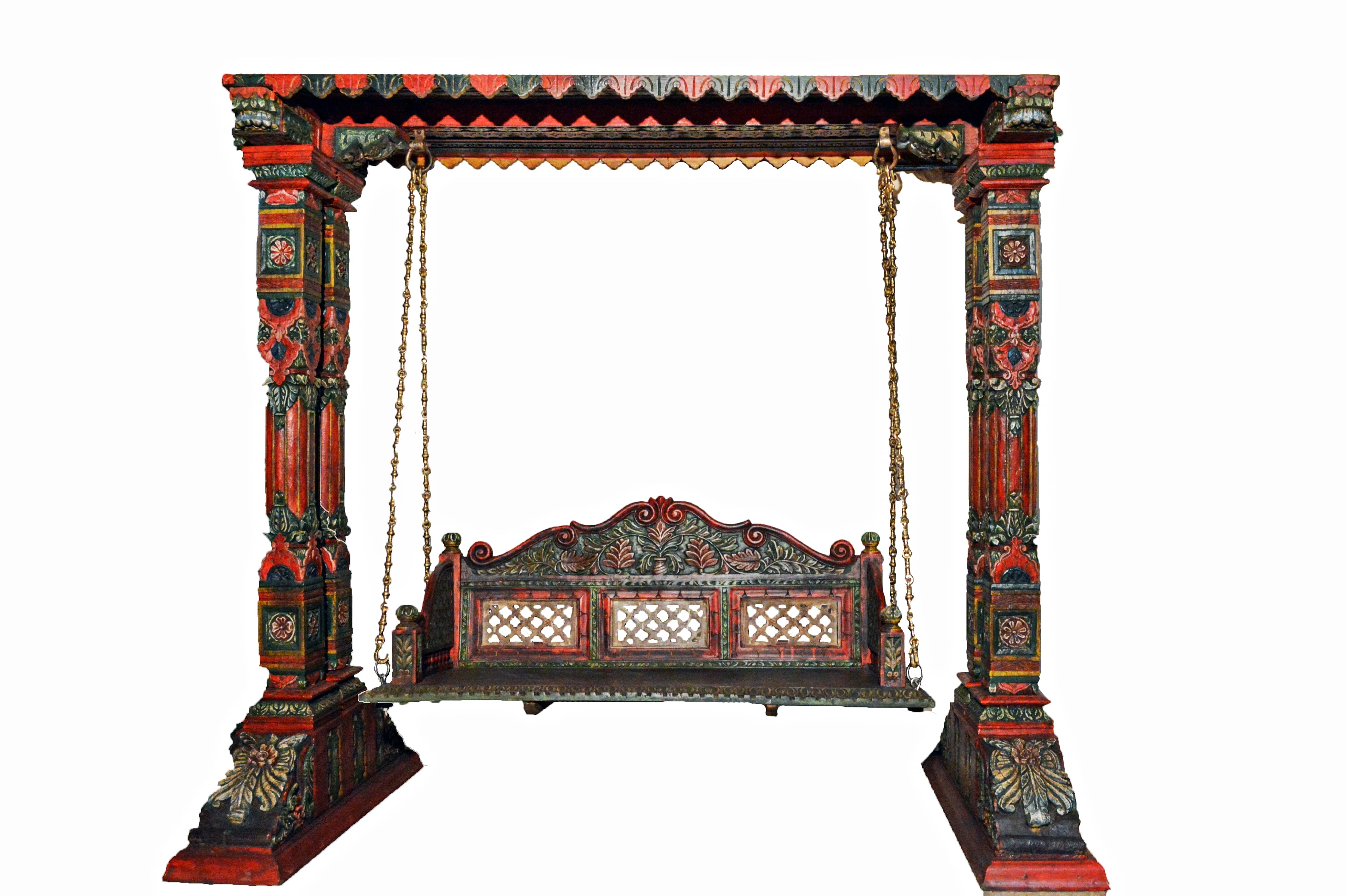 Two Pillar Design Painted Wooden Carved Royal Swing Set / Indian Jhoola ...