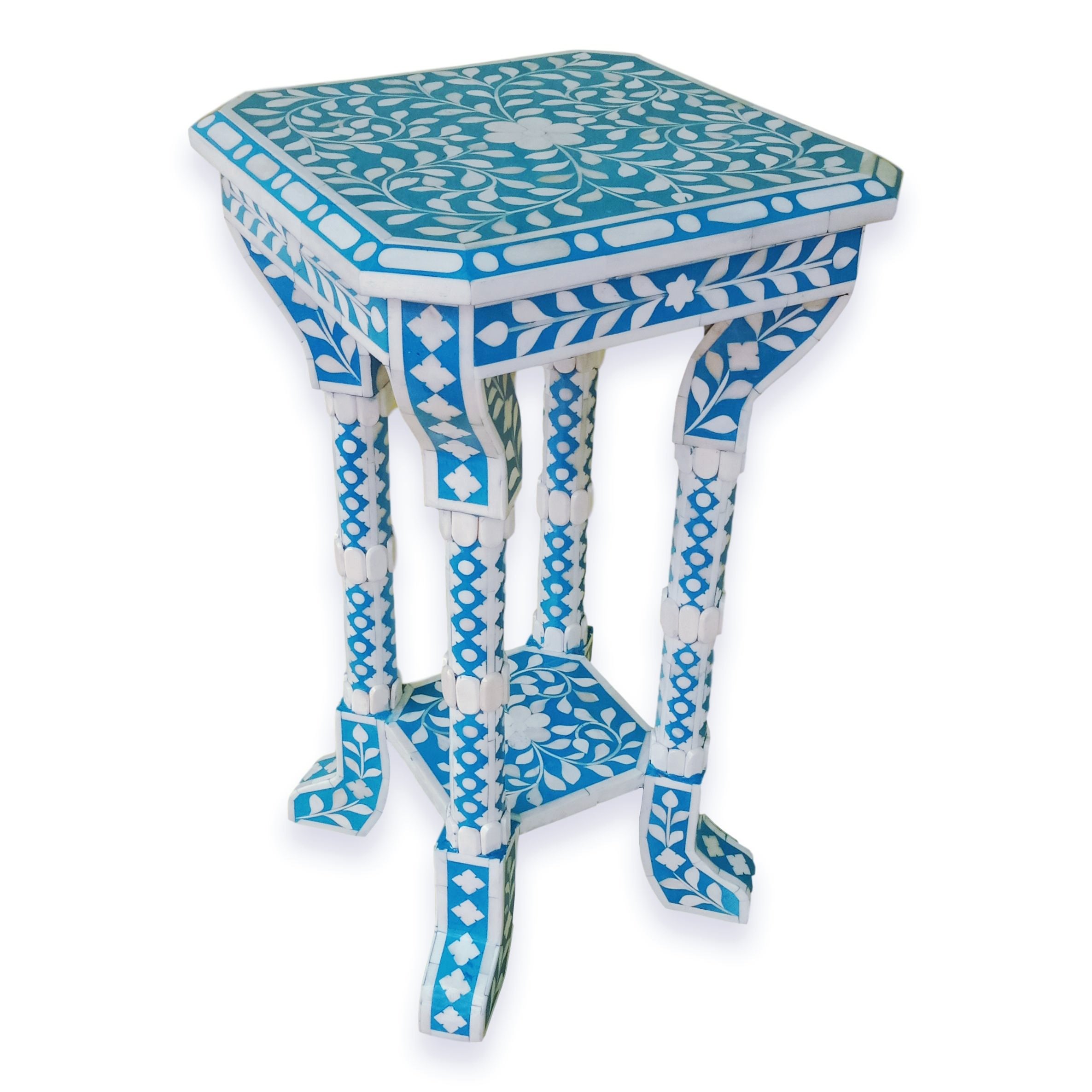Floral Bone Inlay Blue 12 Inch Accent Table / End Table For Living Room ...