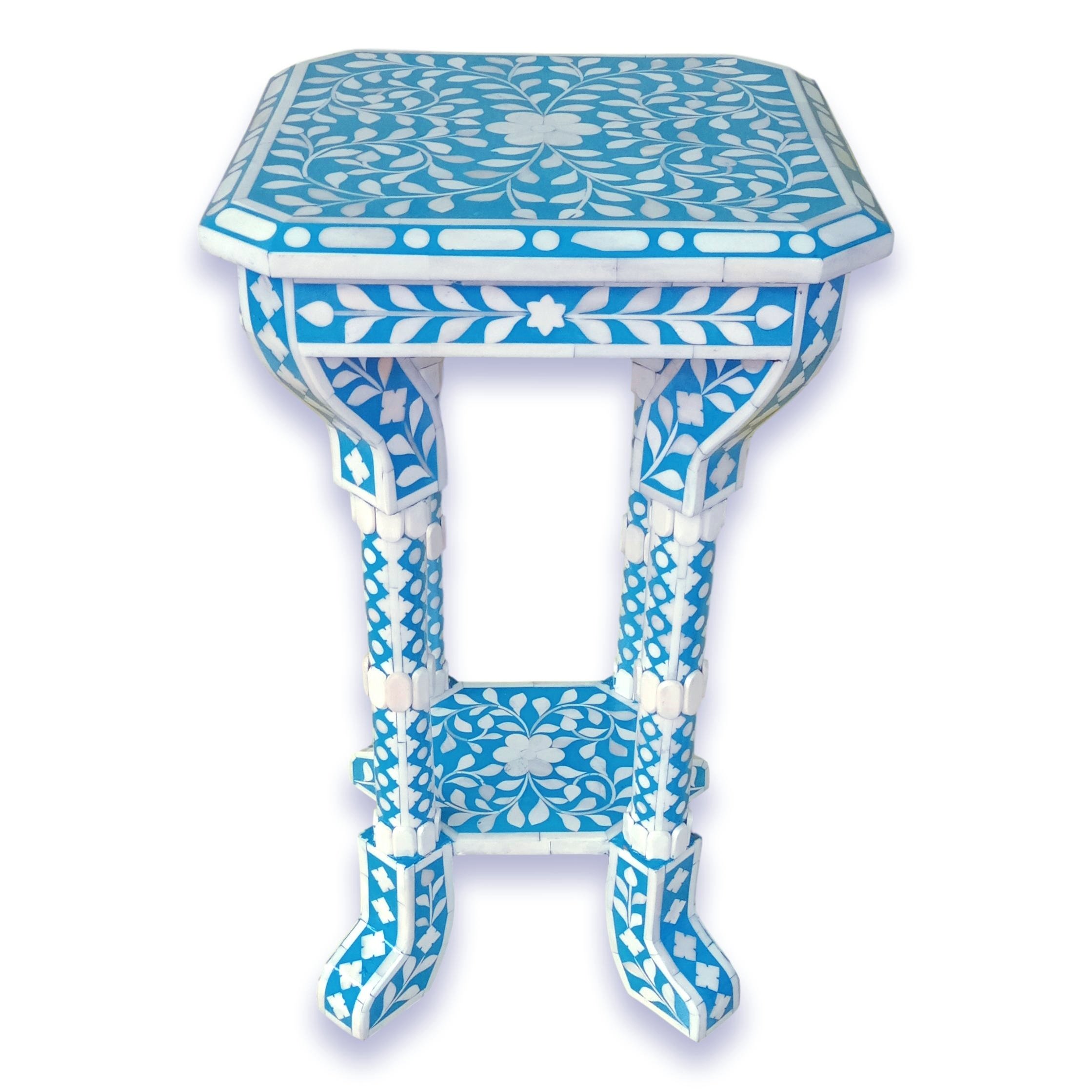 Floral Bone Inlay Blue 12 Inch Accent Table / End Table For Living Room ...