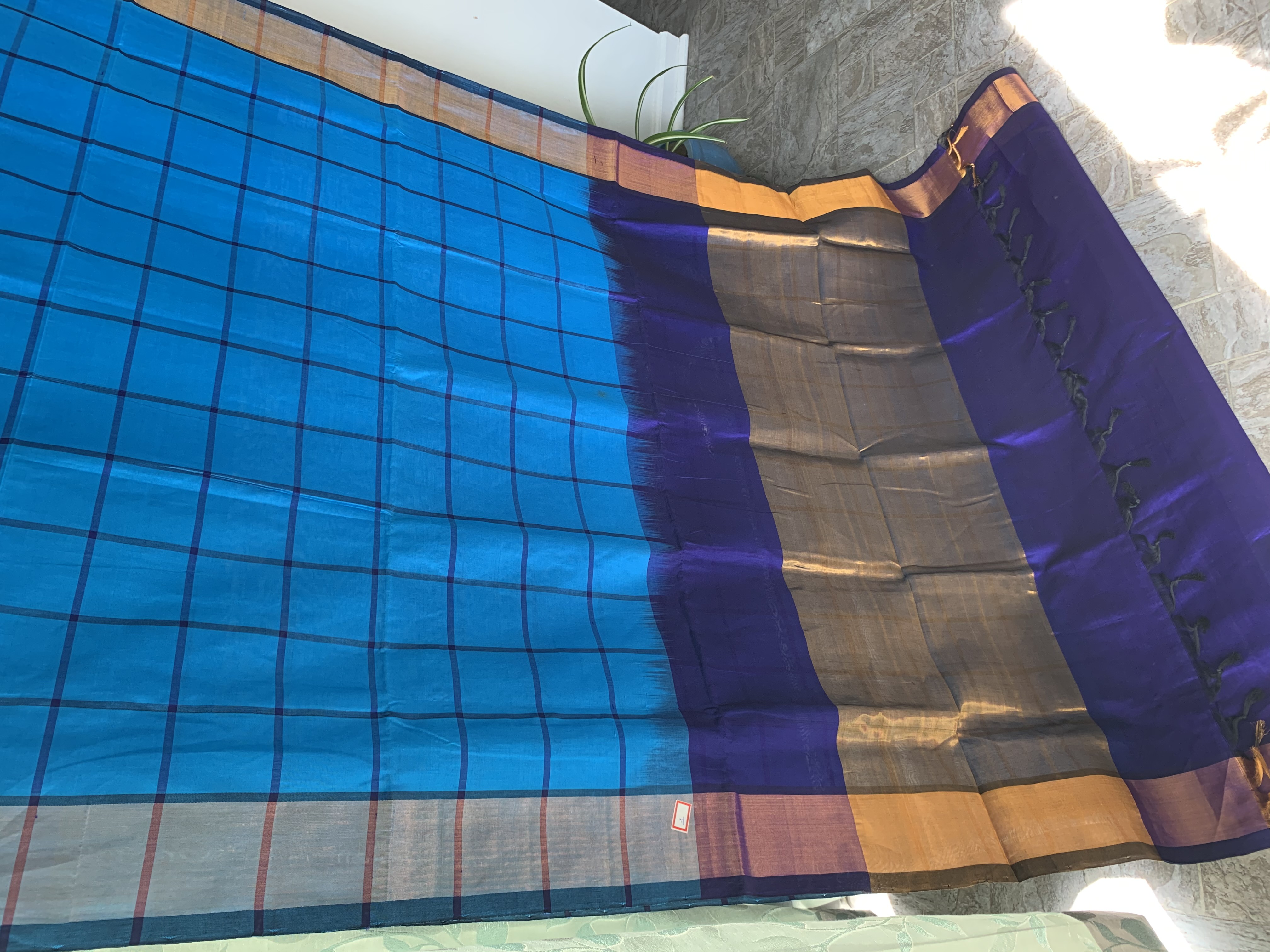 Blue Kanchi Silk Cotton Checks Saree With Blouse Piece Attached #42363 ...