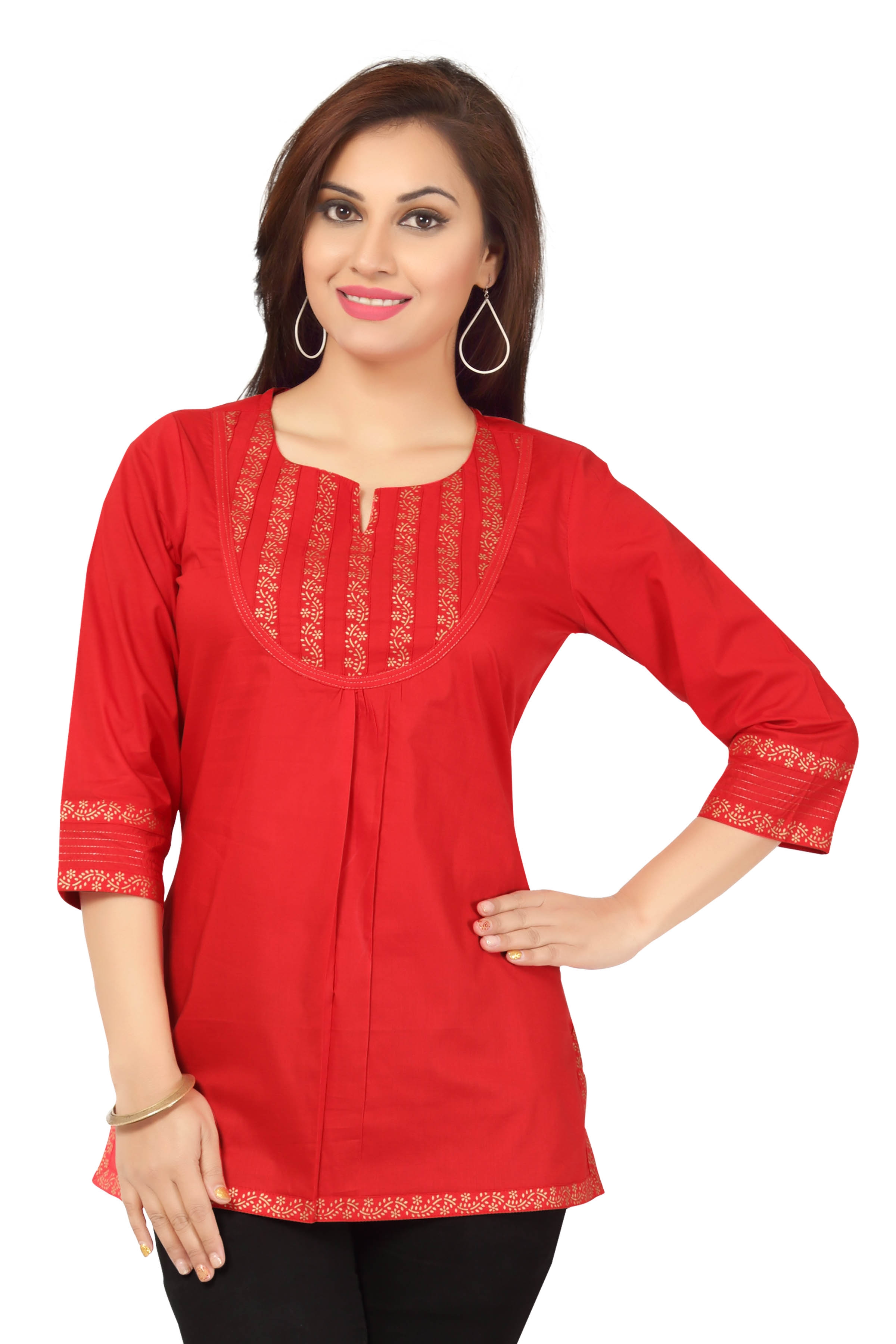 Bright Red Cotton Gold Print Short Kurti Tunic Size 38 #29342 ...