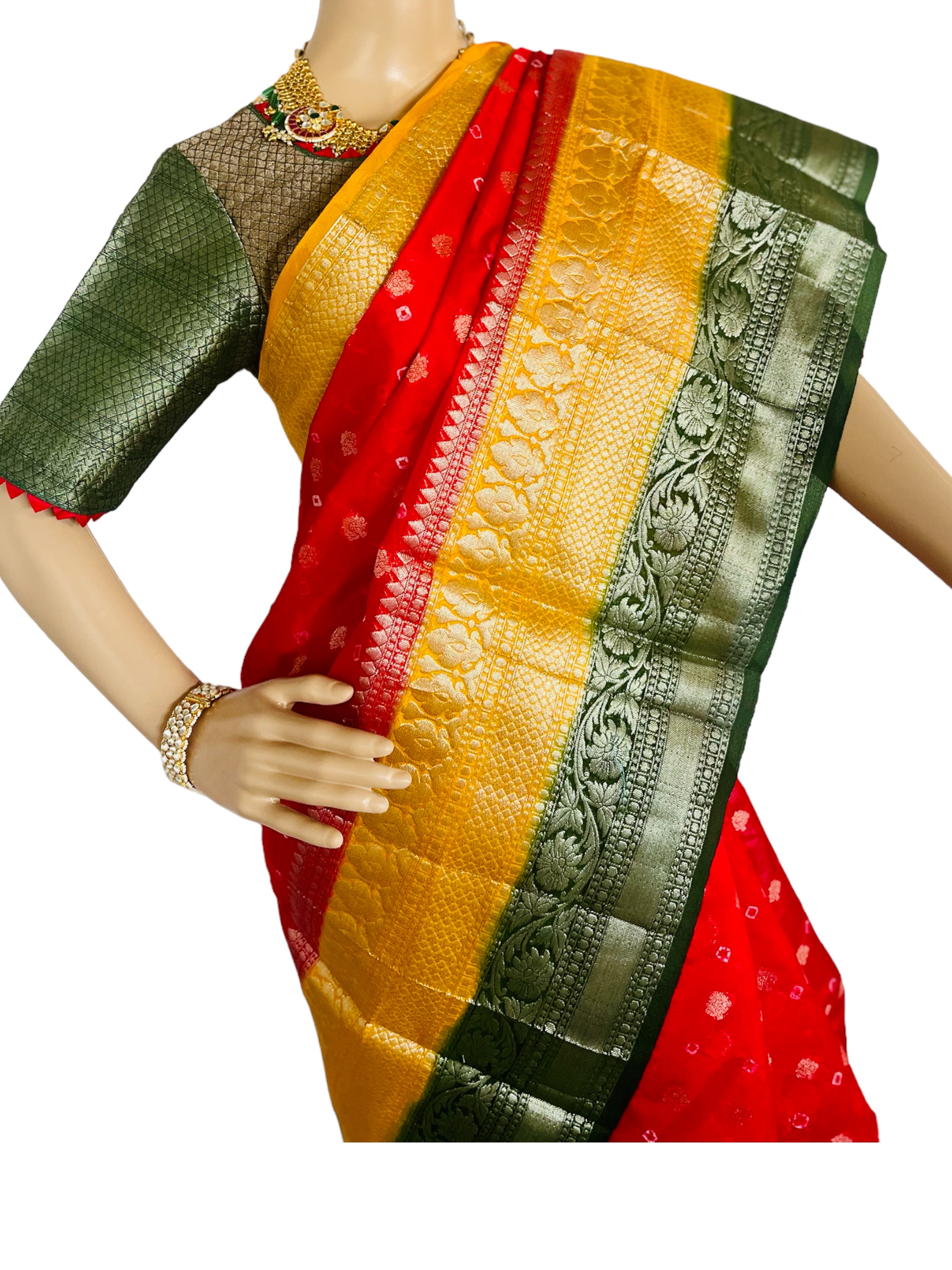 Pure Soft Red Green Semi Banarasi Saree w/ 38" Bandhani Print Blouse ...