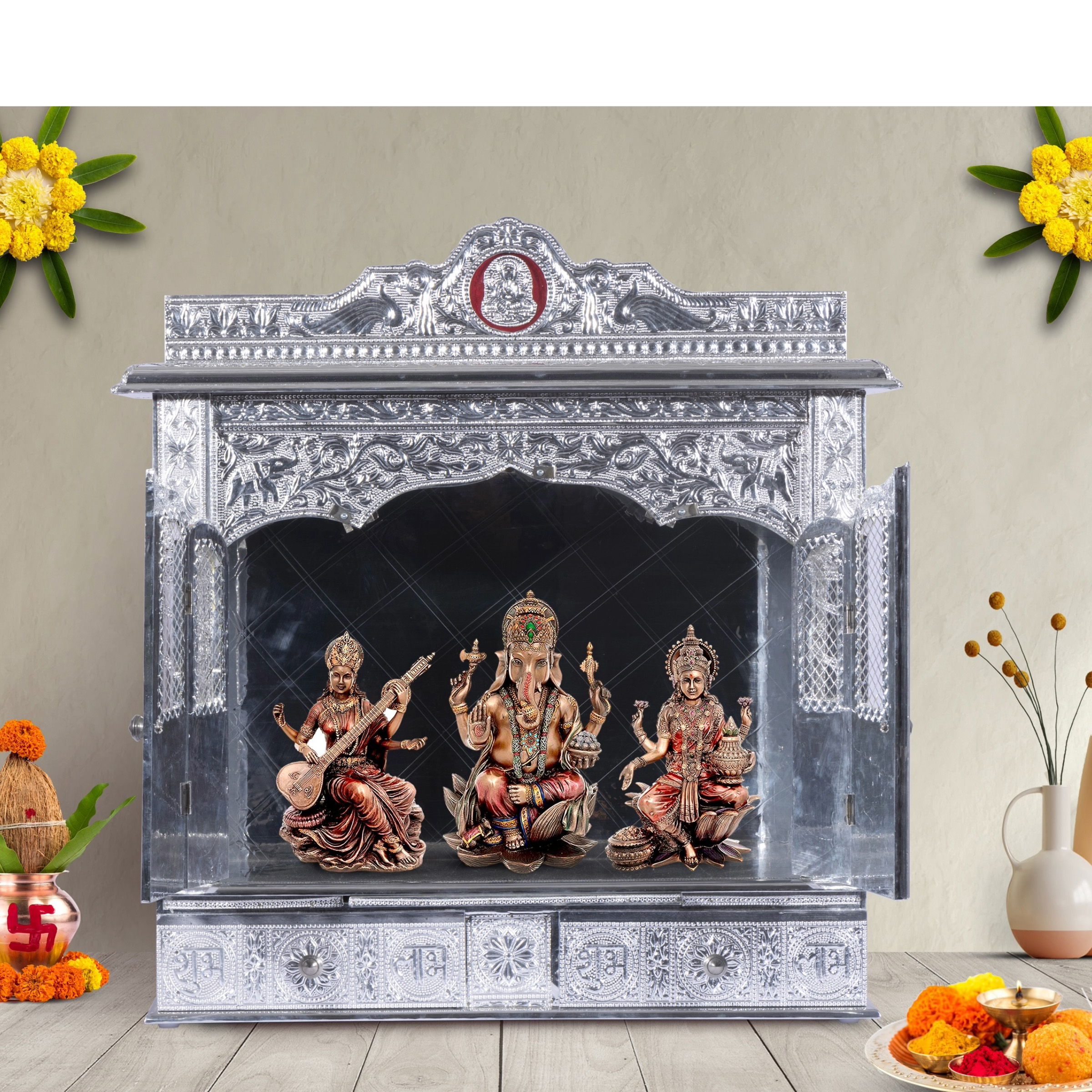 Pure Silver- Puja Mandir - Wooden Hindu Altar 25" Oxidized Mandir w ...