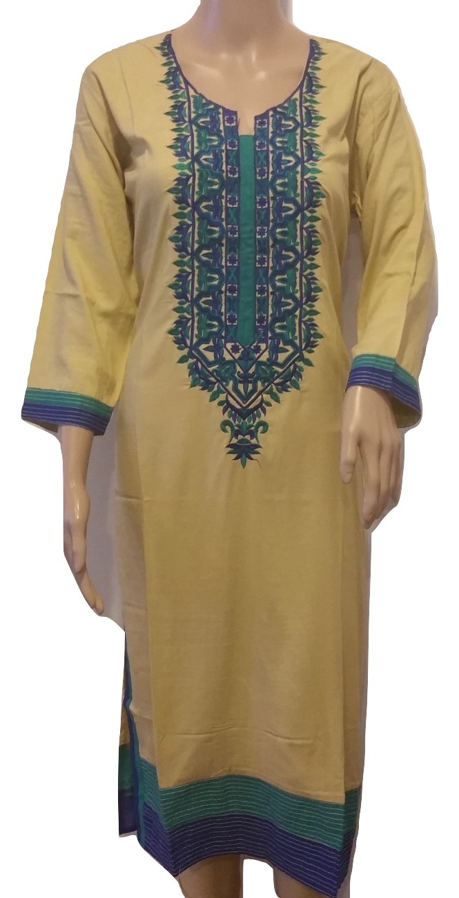 Elegant Blue Phirozi Green Embroidery on Beige Rayon Kurti Tunic Size ...