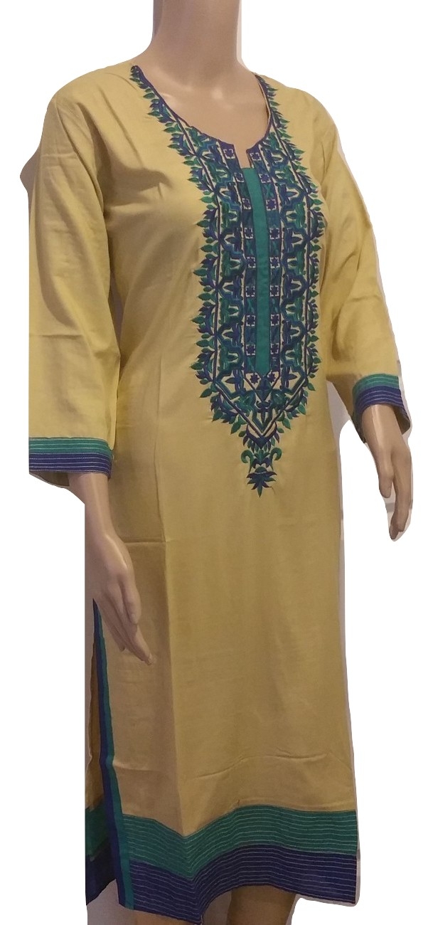 Elegant Blue Phirozi Green Embroidery on Beige Rayon Kurti Tunic Size ...