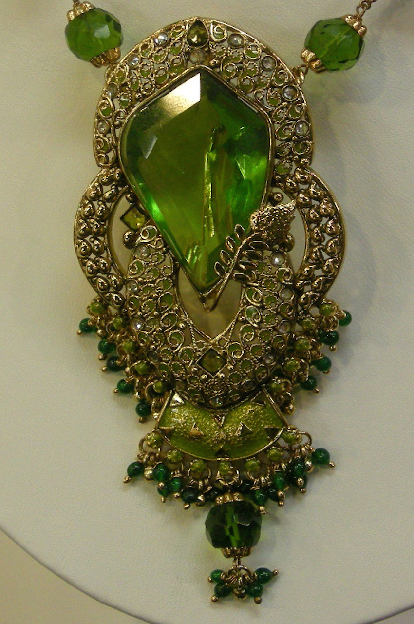 Green enamel & stone gold plated pendant set #30182 | DesiClik.com, USA