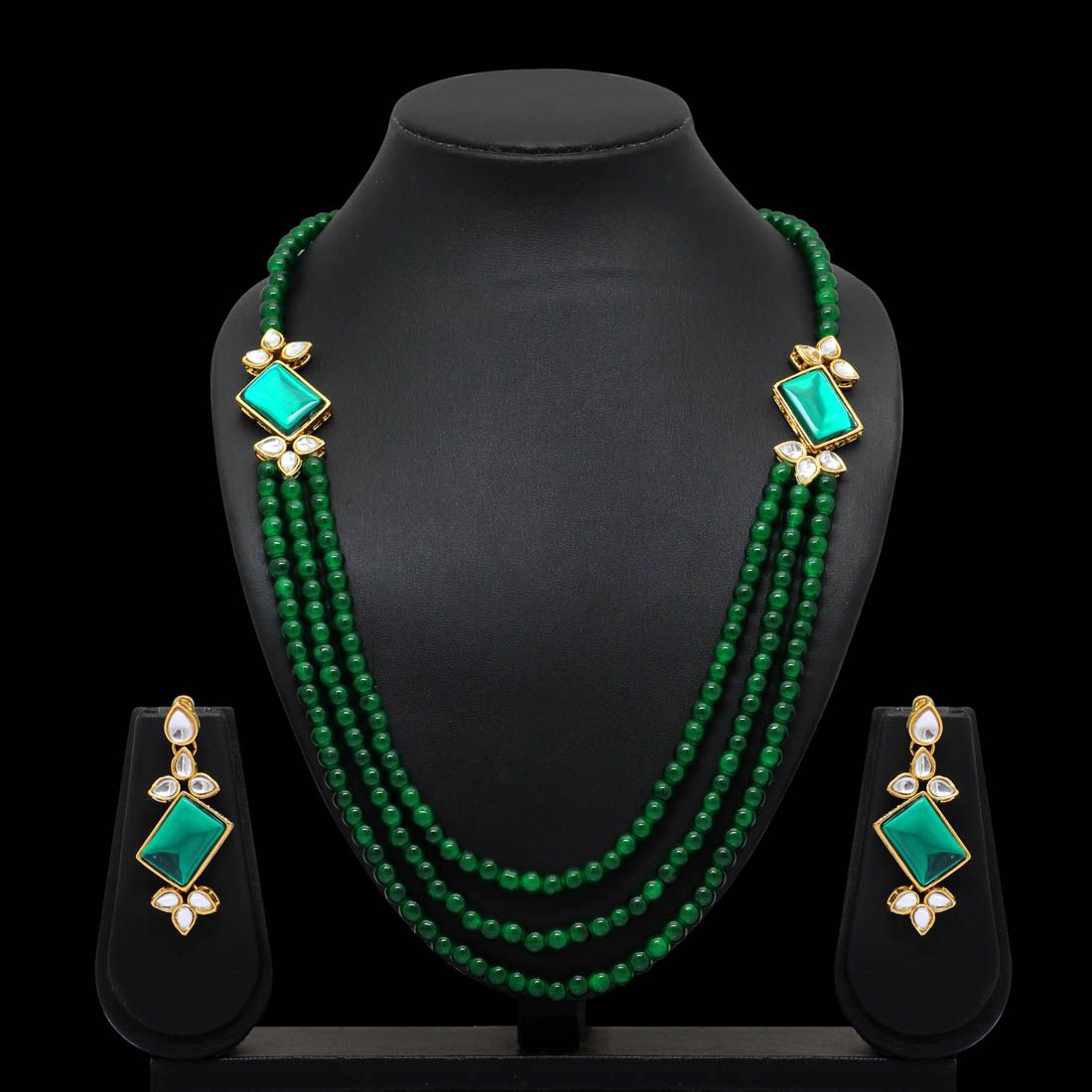 Green Color Kundan Necklace With Earrings set #35692 | DesiClik.com, USA
