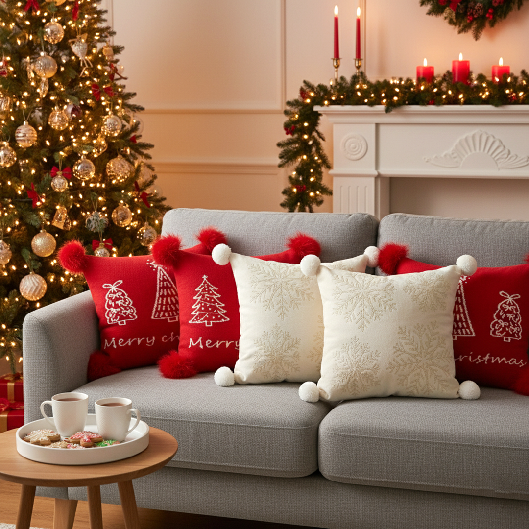 SOGA 5PC 2x Red Christmas Tree & 3x Cream Holiday Pillow Covers Set ...