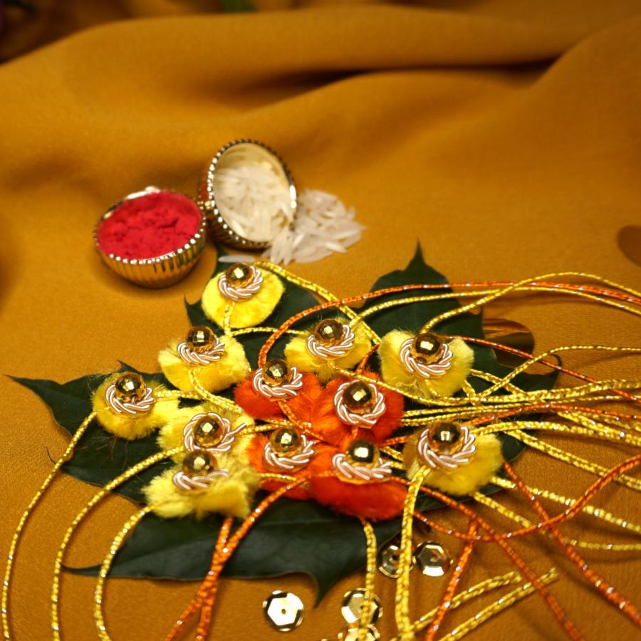 Impressive Zardosi Rakhi W/ Elegant thread work + Roli & Chaval #48574 ...