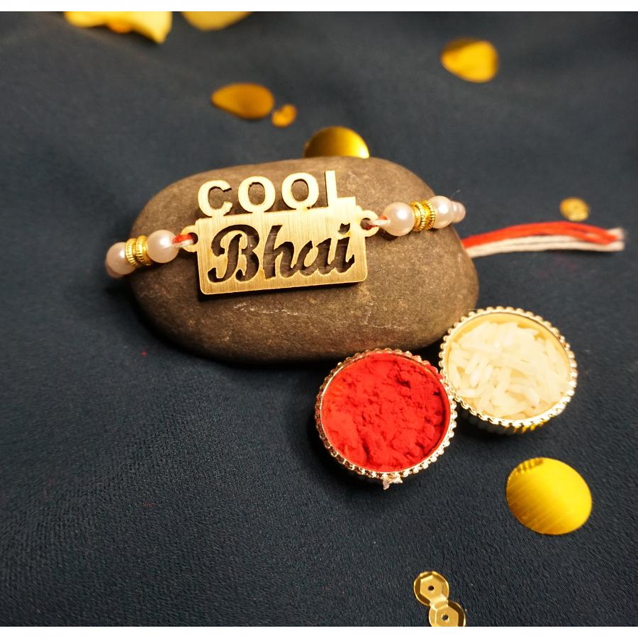 Wooden Customized Cool Bhai Rakhi W/ polished pearls & Beads + Roli ...