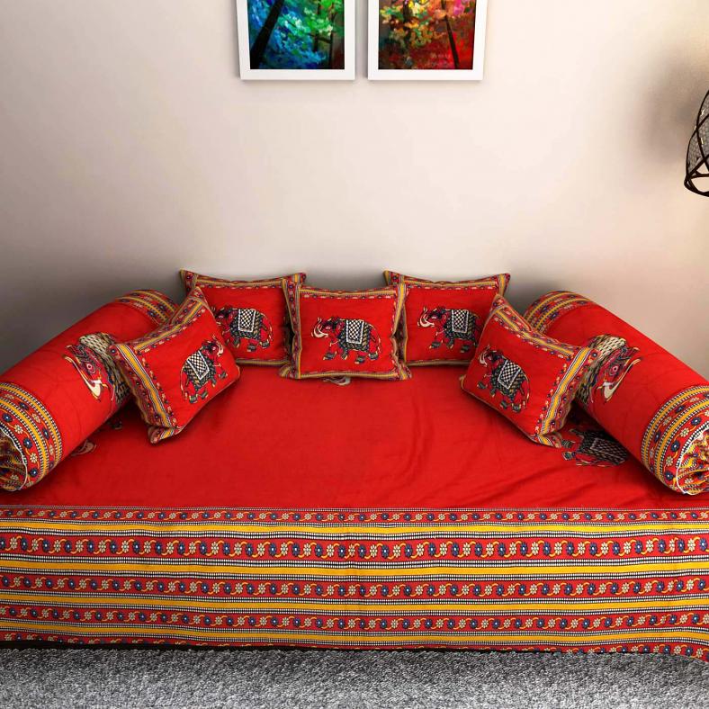 Traditional Red Print Cotton Diwan Set #29668 | DesiClik.com, USA