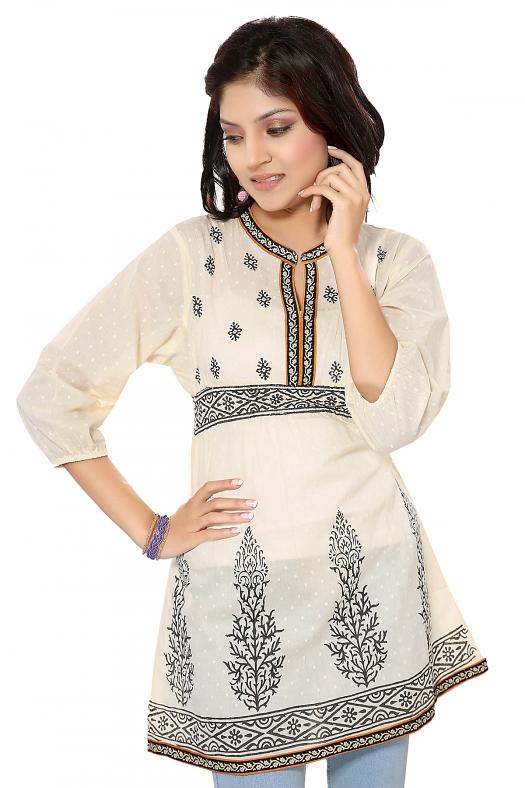 Cream Color Cotton Tunic Top With Block Print Design #27017 | DesiClik ...