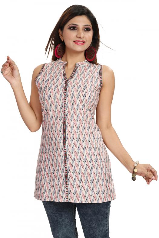 Cotton White Printed Short Tunic Top #27015 | DesiClik.com, USA