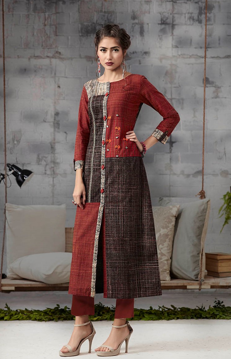 Maroon & Brown Ladies Kurti w/ Light Embroidery ( L / 2XL ) #37007 ...