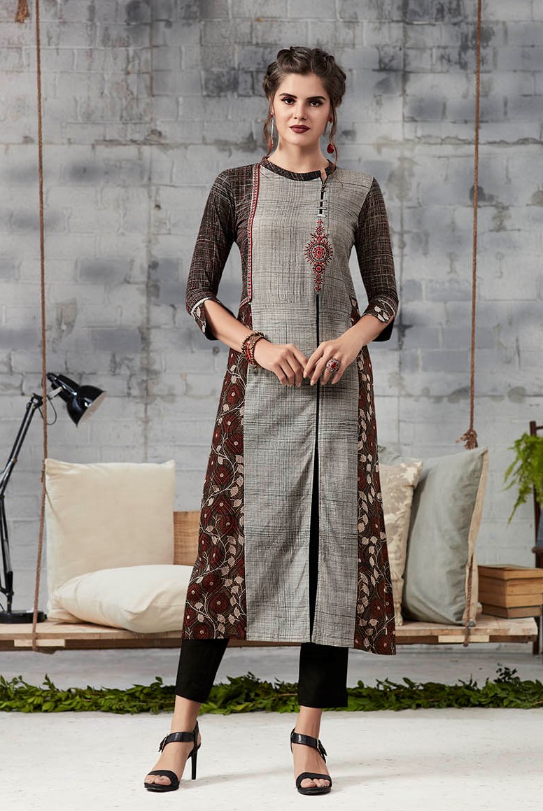 Gray Self-print Long Tunic w/ Light Embroidery ( L ) #37009 | DesiClik ...