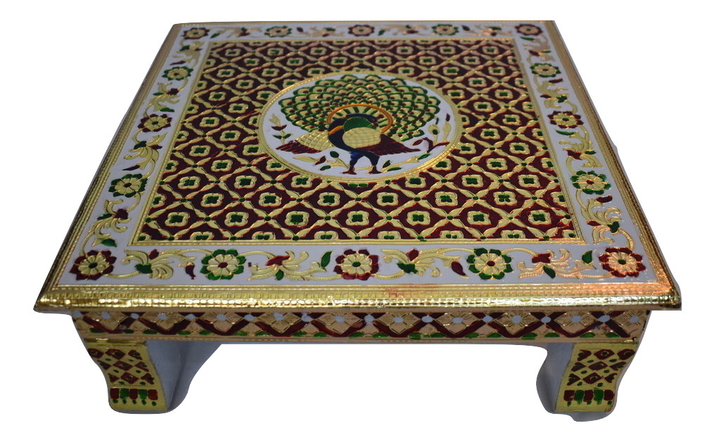 Puja Bajot Wooden Small Chowki Table Meenakari Peacock Chaurang - 15 ...