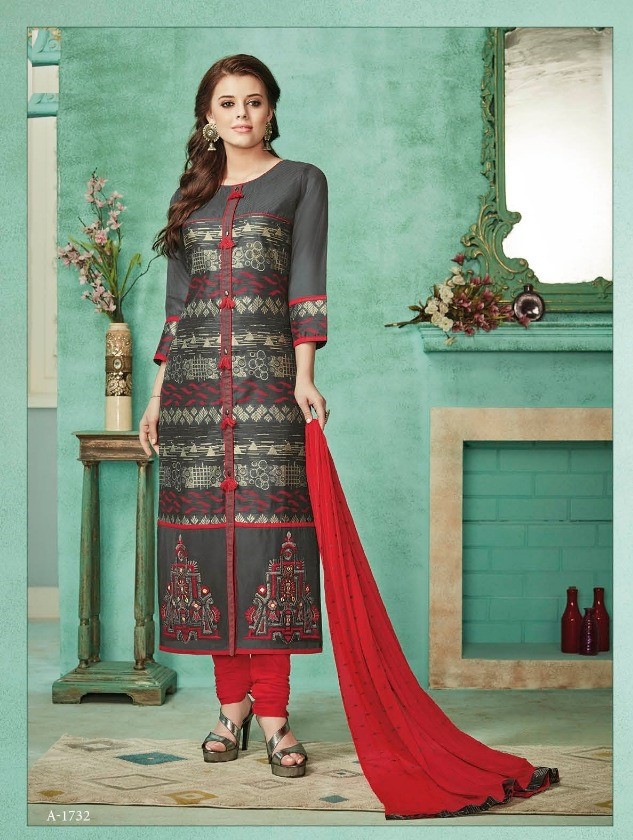 Plus Size Gray & Red Embroidered Silk Churidaar Salwar Kameez 3XL ...