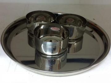 Round Stainless Steel 1 Thali & 3 Katori Set, KITCHEN UTENSILS #18071 ...