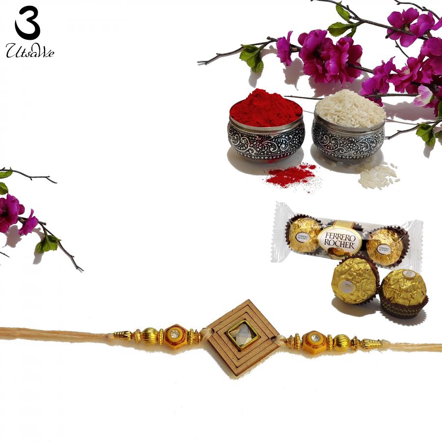 Customized Square Wooden Rakhi With an Elegant Kundan Stone + Roli ...