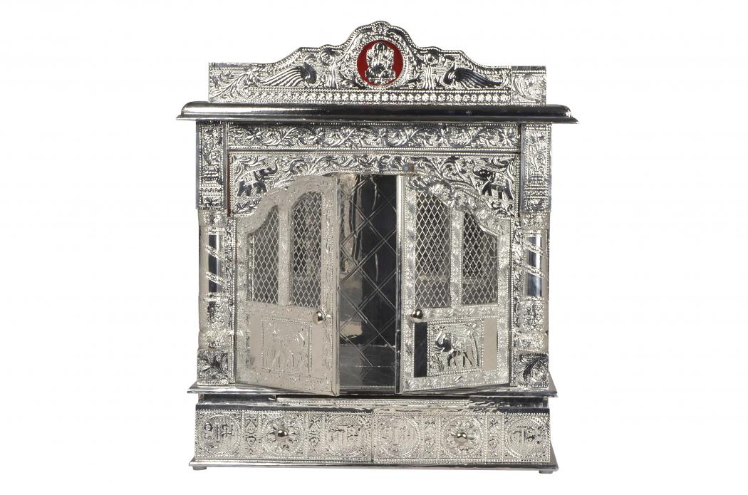 Silver Color Mandir w/ Doors, 25 L X 10 W X 27 H Hindu Puja Temple ...