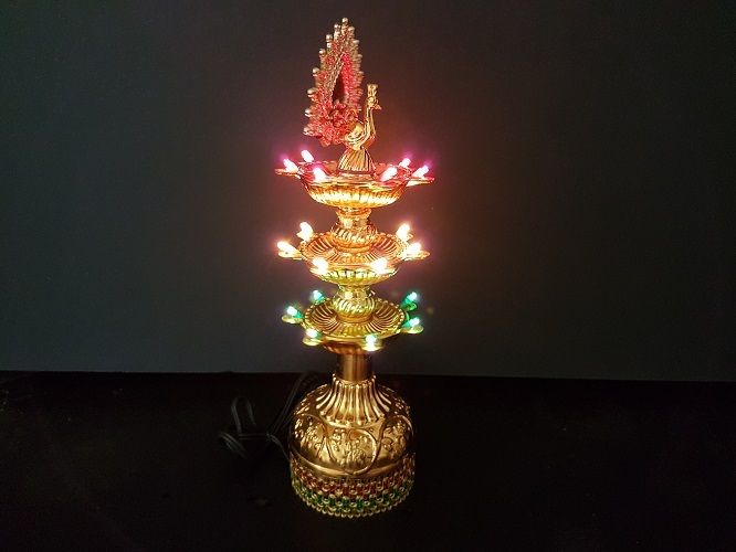 Golden Rotating Electric Puja Diya Lamp w/ 3 Step Color 21 bulbs 110V ...