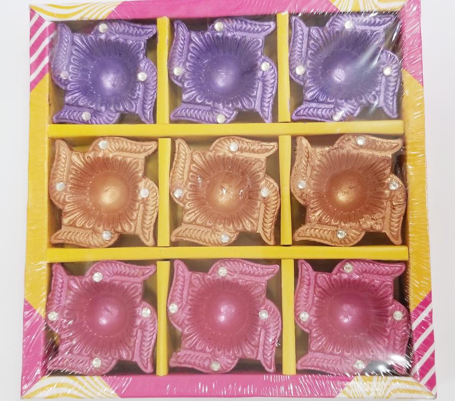 Hand Painted Fancy Clay Diya for Diwali (9 Pack) #35700 | DesiClik.com, USA