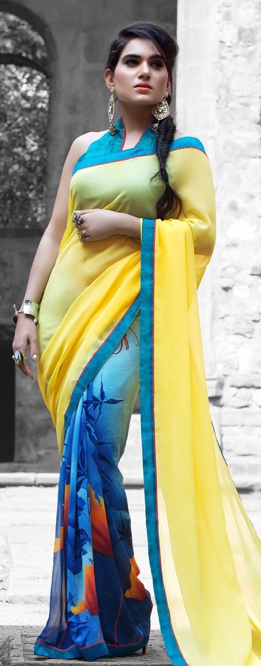 Yellow & Blue Floral Print Georgette Saree #24282 | DesiClik.com, USA