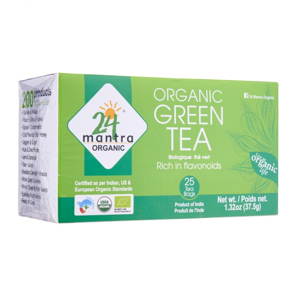 24 mantra Organic Green Tea 25 Tea Bags 37.5 gm #37421 | DesiClik.com, USA