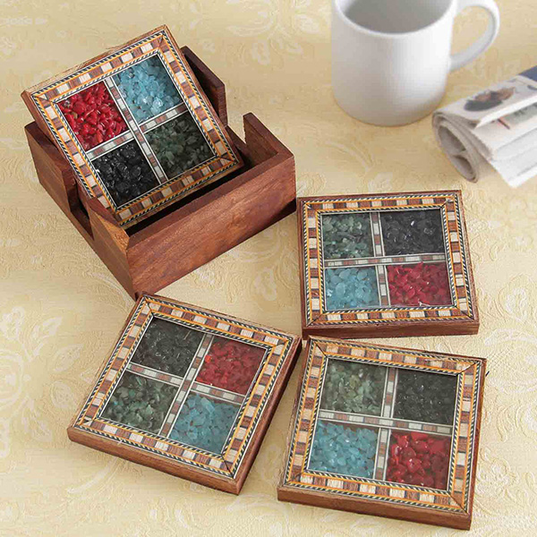 Wooden Mirror Work Coaster Set w/ Stand #29707 | DesiClik.com, USA