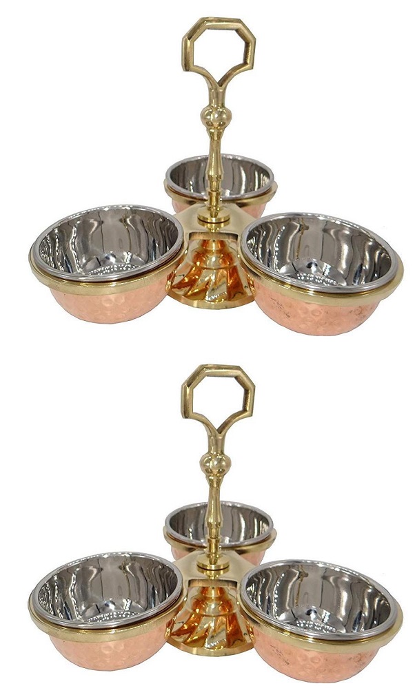 Set of 2 Copper Pickle Dish w/ 3 Bowls & Brass Handle #51887 | DesiClik ...