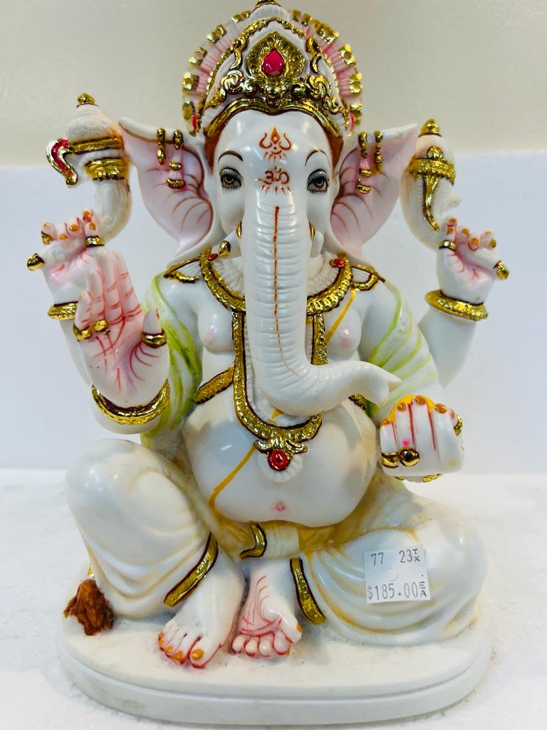 White Fiber in Marble Finishing W/Golden Color Ganesh Statue - 10 ...