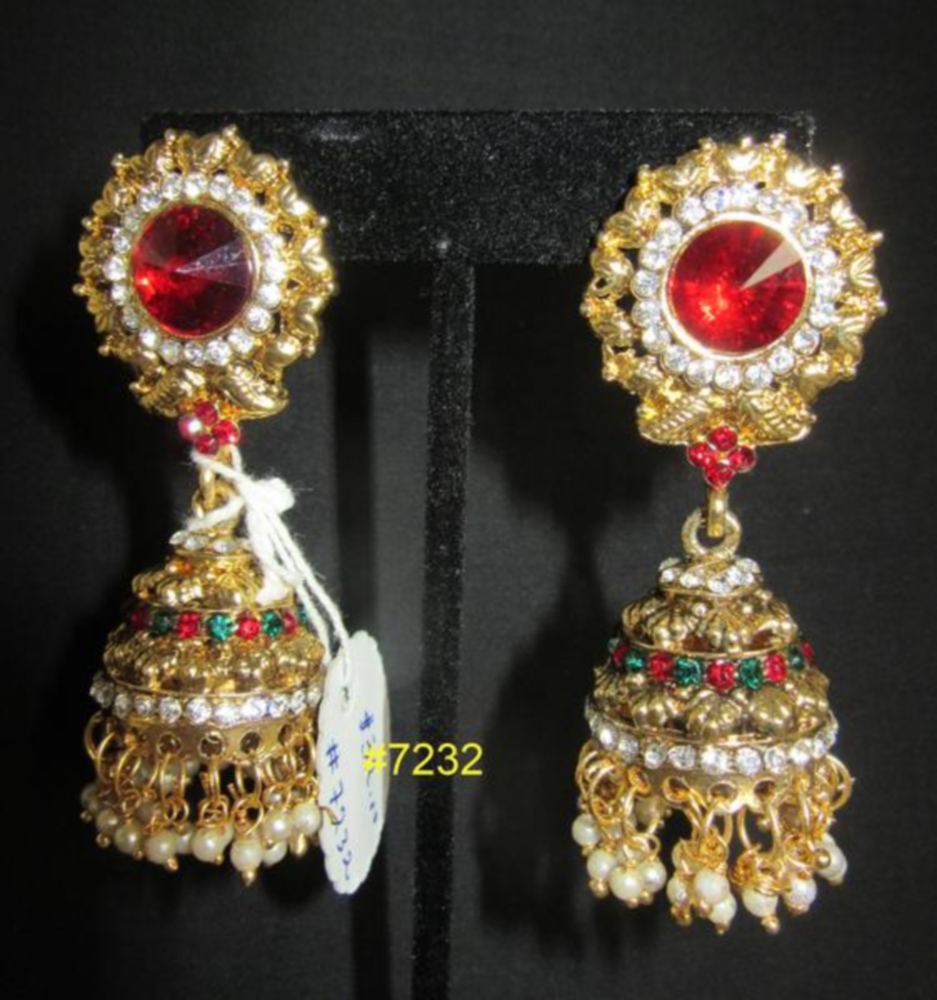 Golden Jhumka Red Multi Color Rhinestones Earrings, TRADITIONAL JHUMKI ...