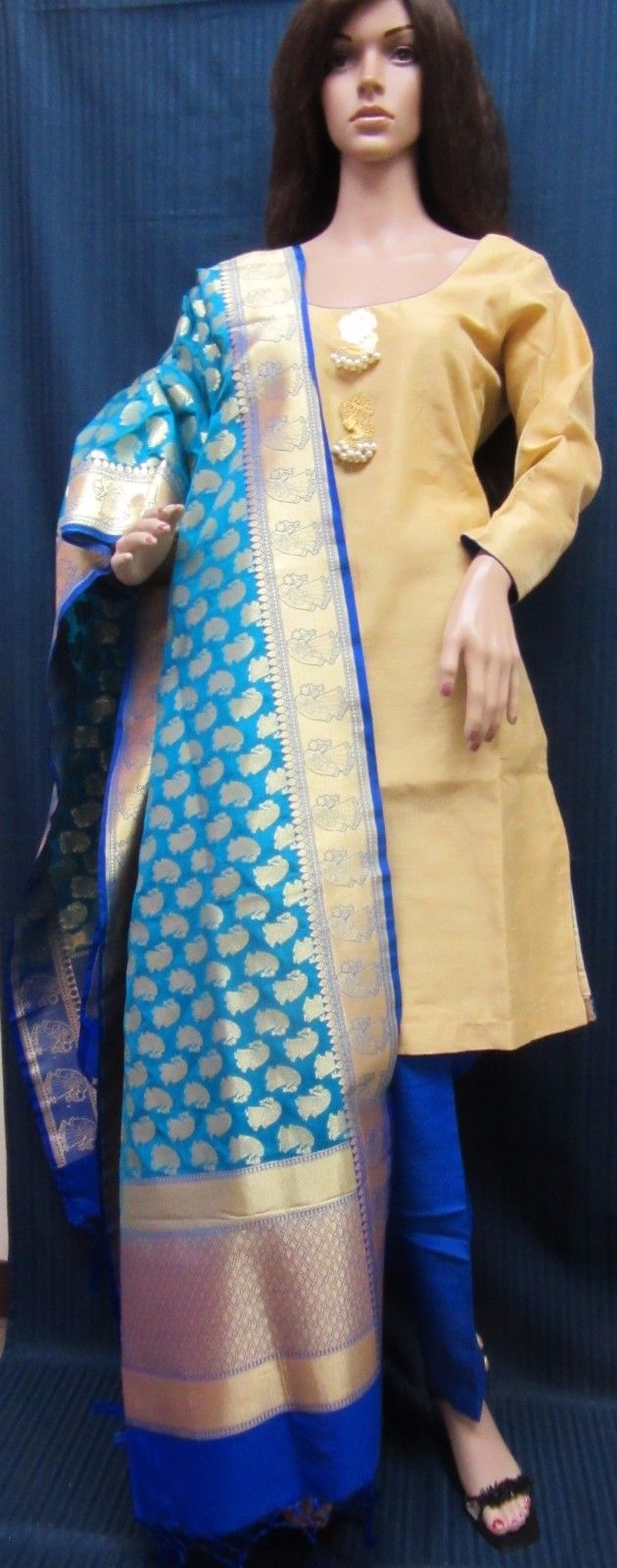 Classic Silk Gold Kameez Plazo Salwar w/ Blue Kanjiveeram Banarsi ...