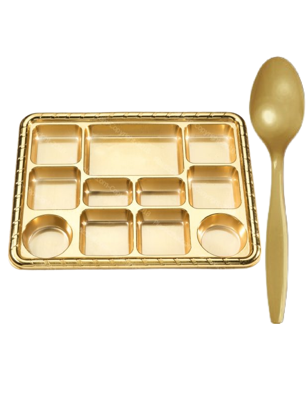 11 Compartment Disposable Gold Plates Thali Tray - 100 Plates w/ Spoons ...