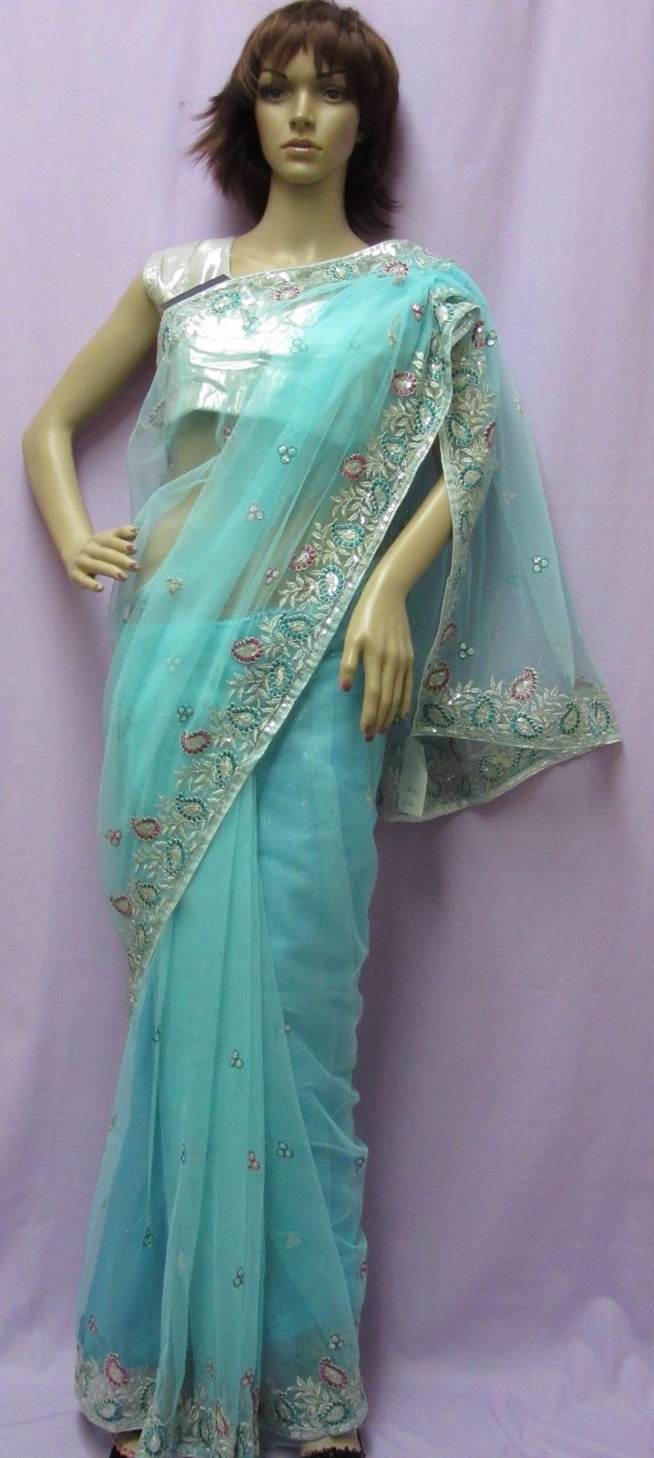 Firozi Color Net Embroidered Readymade Saree Blouse #25731 | Buy Online ...