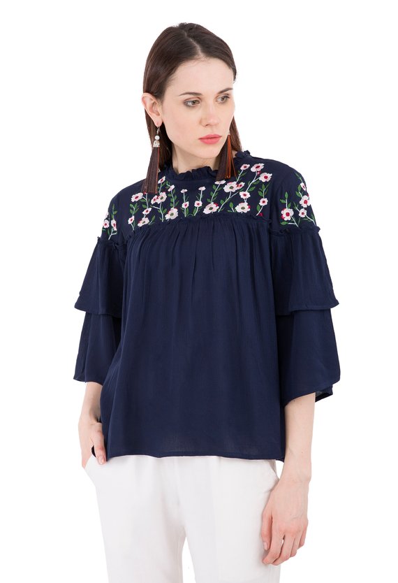 Navy Blue Embroidered Fancy Top Tunic #36496 | DesiClik.com, USA