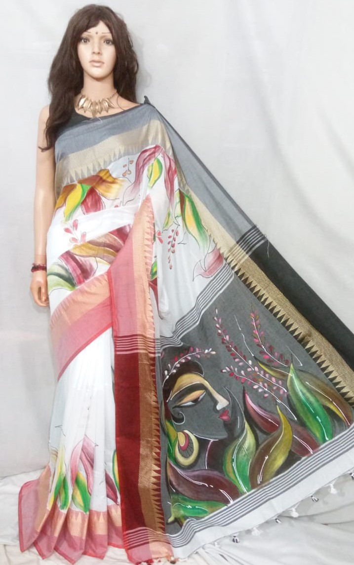 Black and White Kerla Hand Painted Cotton Sari #38039 | DesiClik.com, USA