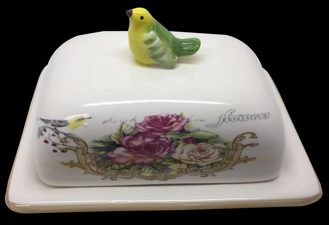 Floral Pattern Butter Dish w/ Bird Shape Handle on Lid #31890 ...