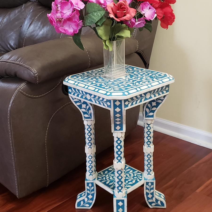 Floral Bone Inlay Blue 12 Inch Accent Table / End Table For Living Room ...