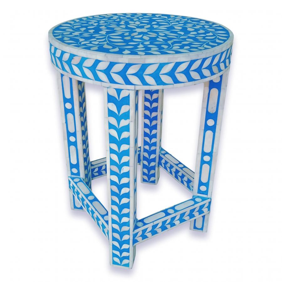 Floral Bone Inlay Blue 13 Inch Round Accent Table / End Table For ...